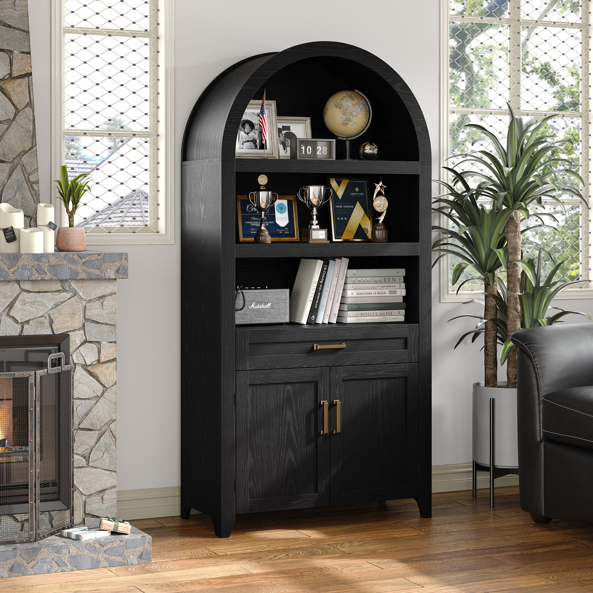 Lark Manor 65" Tall Arched Storage Bookcase with Adjustable Shelves,Arched Cabinet with Drawer ...
